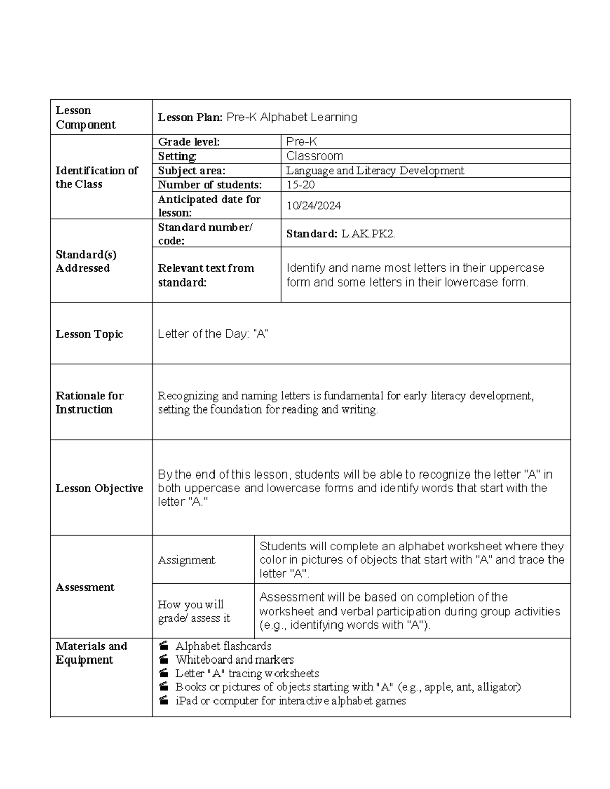Pre- K Lesson plan alphabet Identify and name most letters in their ...