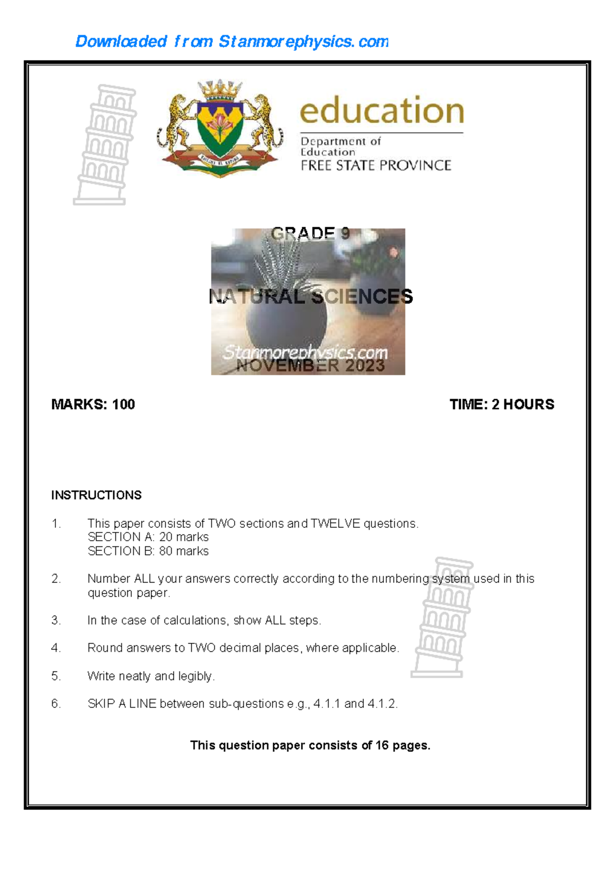 Grade 9 Natural Sciences FS November 2023 Question Paper & Memorandum - Studocu