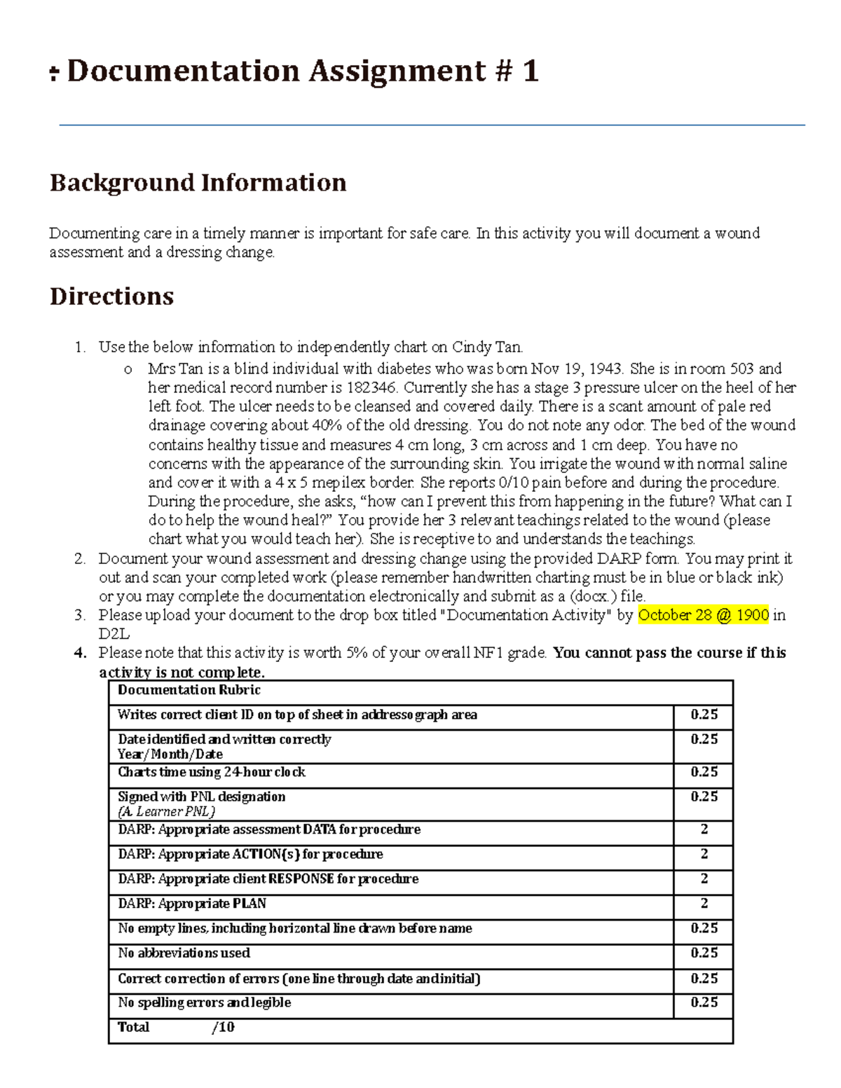 Documentation Assignment - In this activity you will document a wound assessment and a dressing ...