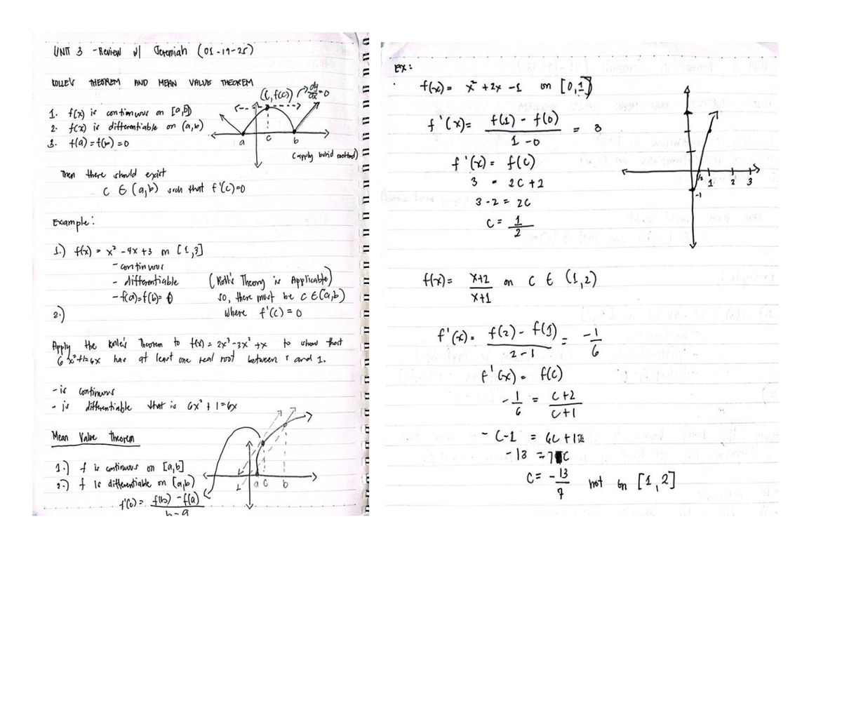 Calc reviewer - UNIT 3 Jeremiah EX: THEOREM AND MEAN VALVE THEOREM (1 ...