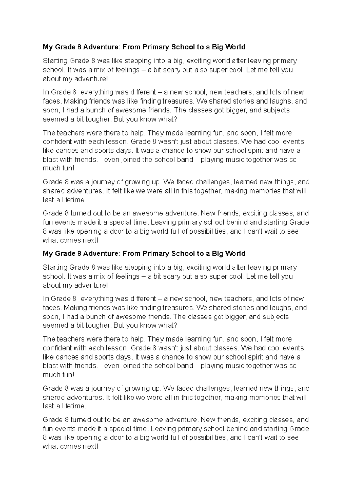 Grade 8 Essay: My Exciting Journey from Primary School - Studocu