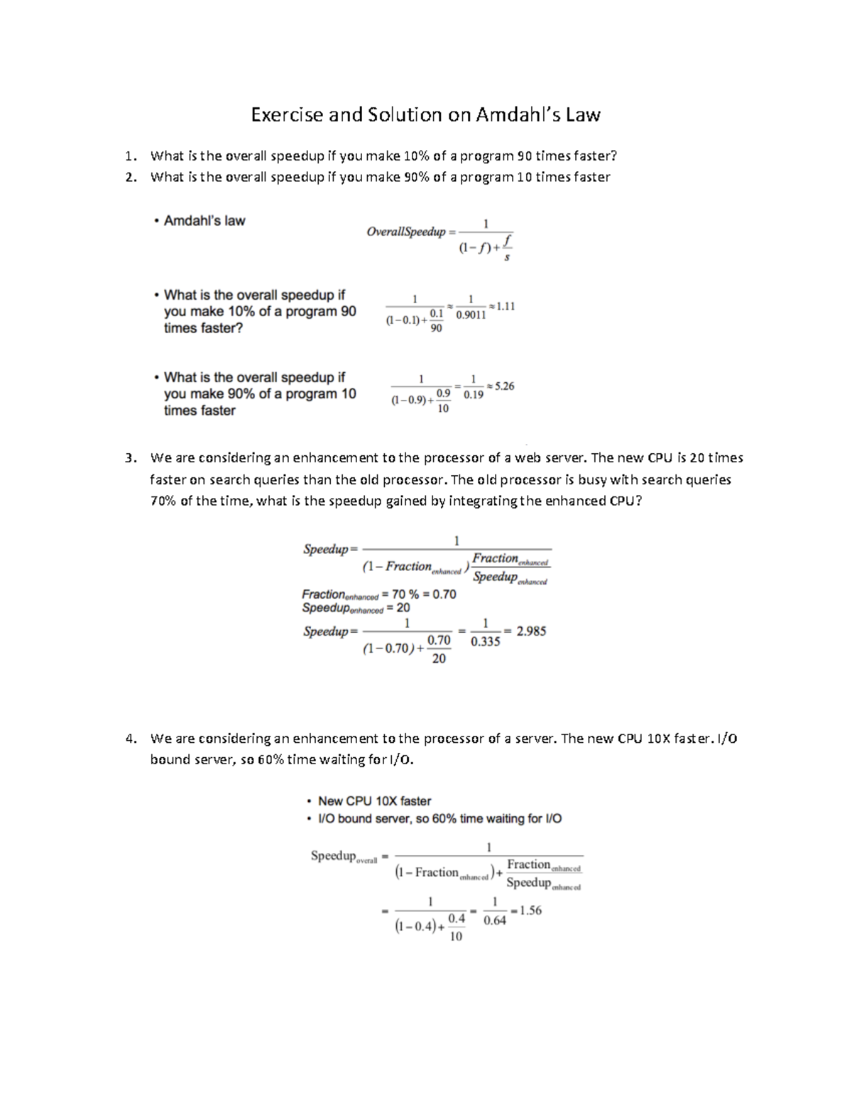 Amdahl's Law Exercises and Solutions: Speedup Calculations - Studocu
