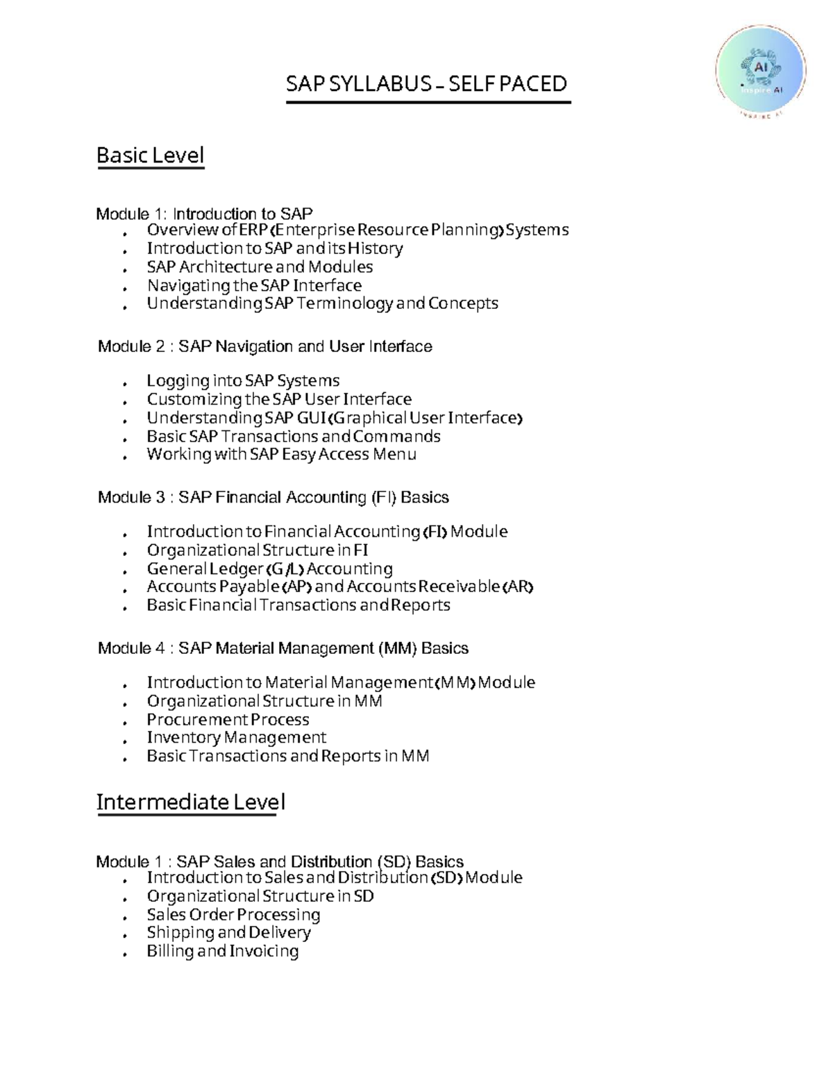 SAP SYLLABUS: Self-Paced Basic & Intermediate Level Overview - Studocu