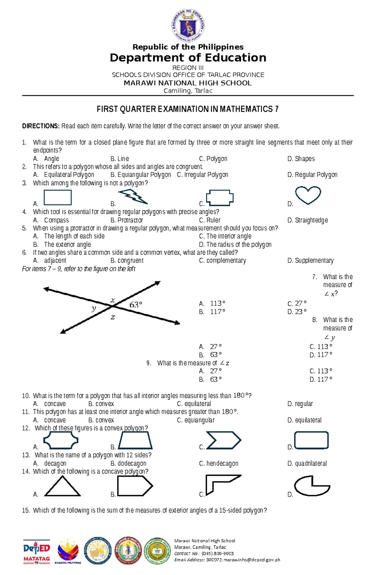 Mathematics 7 First Quarter Exam Questions and Answers - Studocu