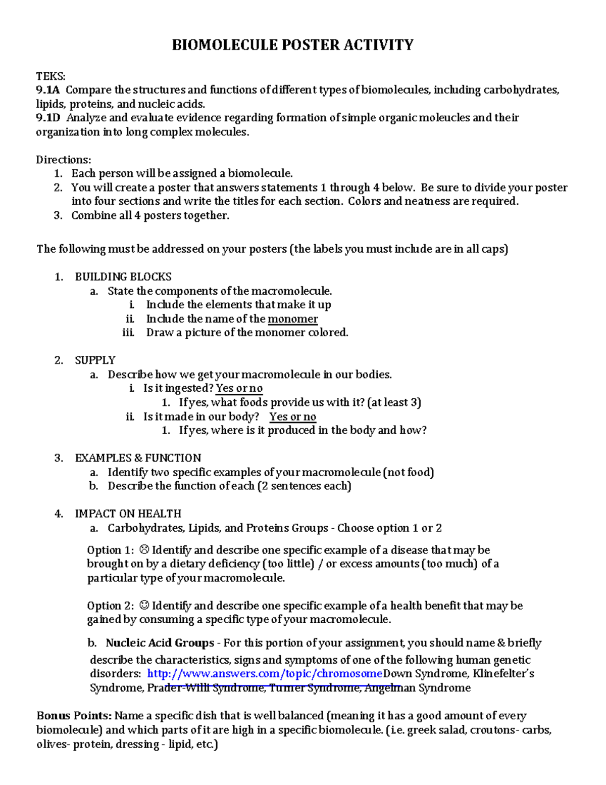 Biomolecule Poster Activity Instructions for TEKS 9 and 10 - Studocu