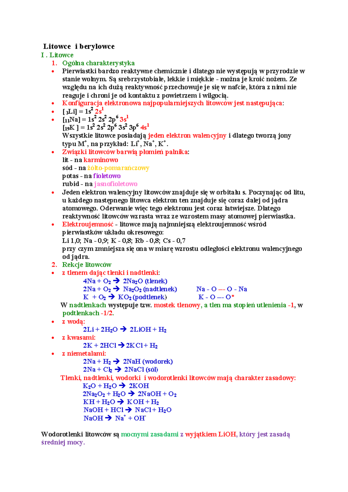 Litowce i berylowce - Litowce 1. Ogólna charakterystyka Pierwiastki ...