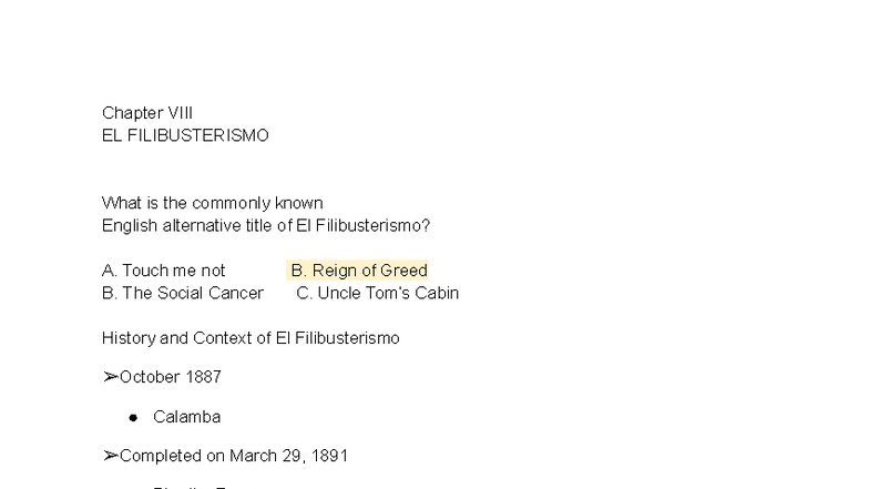 Chapter VIII: EL Filibusterismo - History, Context, and Symbolism - Studocu