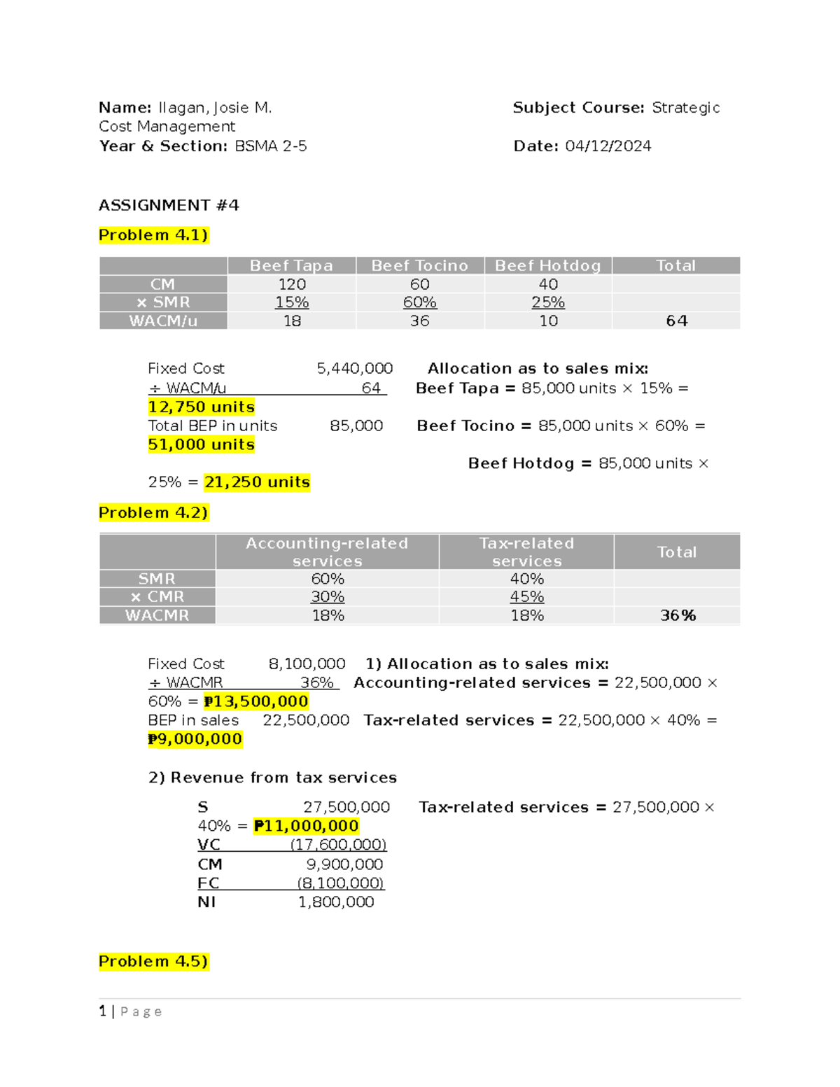 Strategic Cost Management (BSMA 2-5): Assignment 4 - CVP Analysis - Studocu
