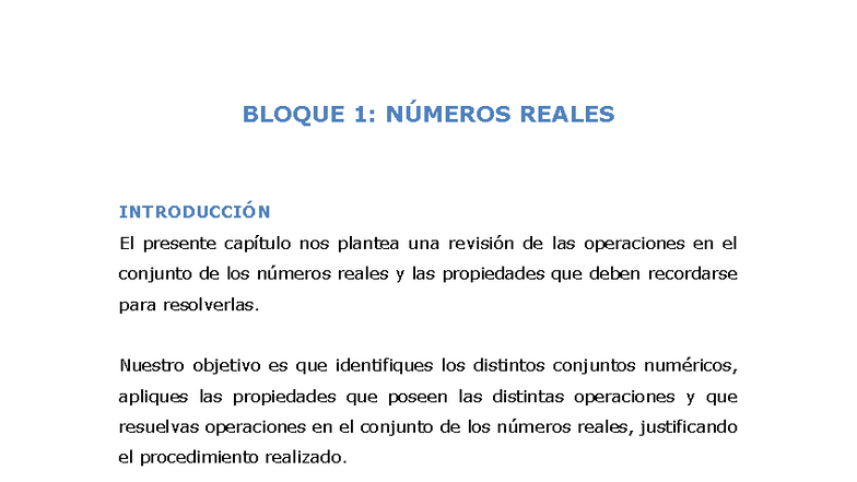 BLOQUE 1: NÚMEROS REALES - INTRODUCCIÓN Y PROPIEDADES - Studocu