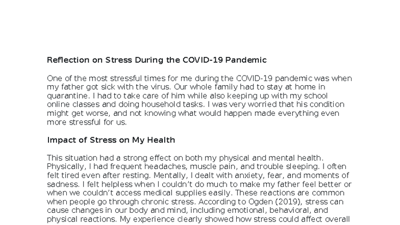 D Unit 5 - Reflection on Coping with Pandemic Stress - Studocu