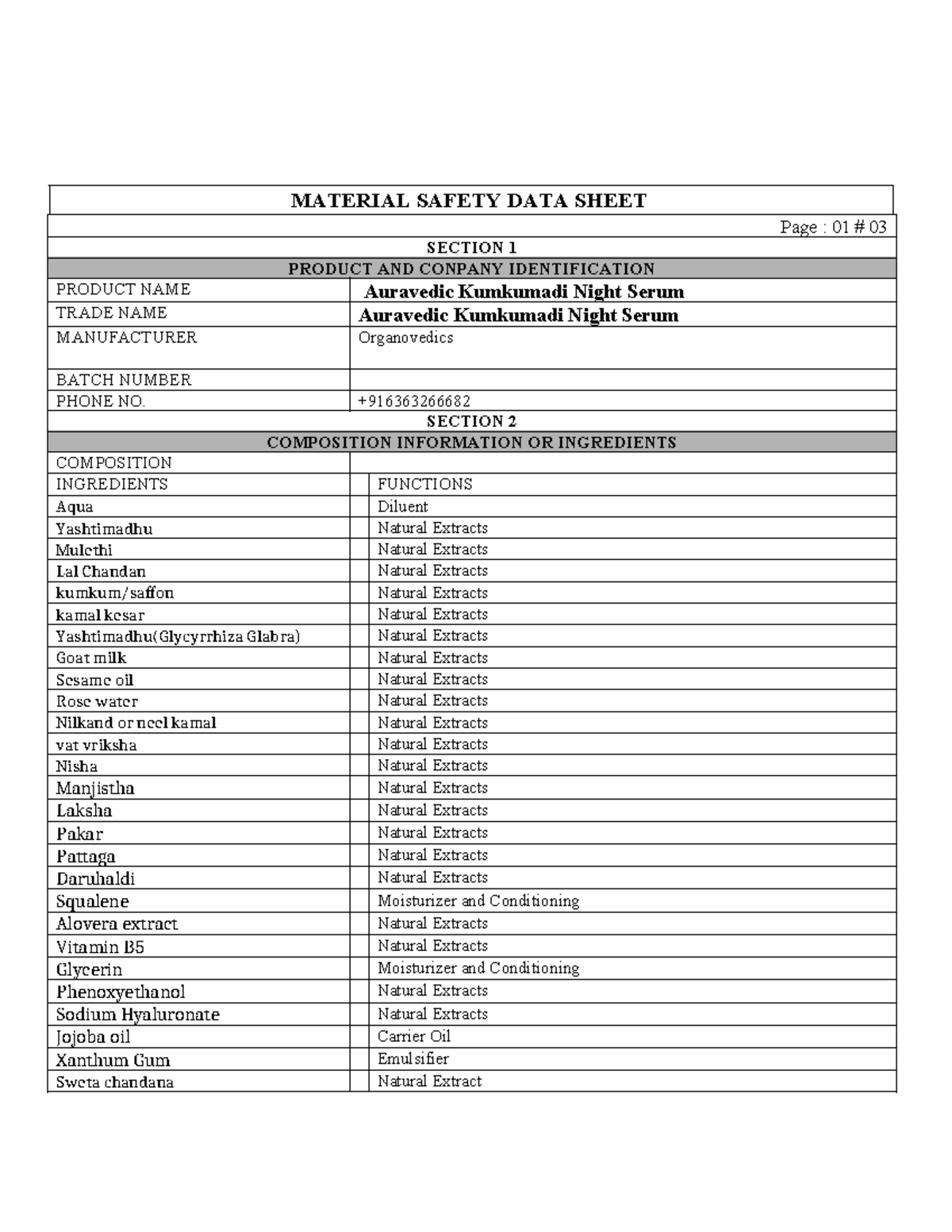 MATERIAL SAFETY DATA SHEET: Auravedic Kumkumadi Night Serum - Studocu