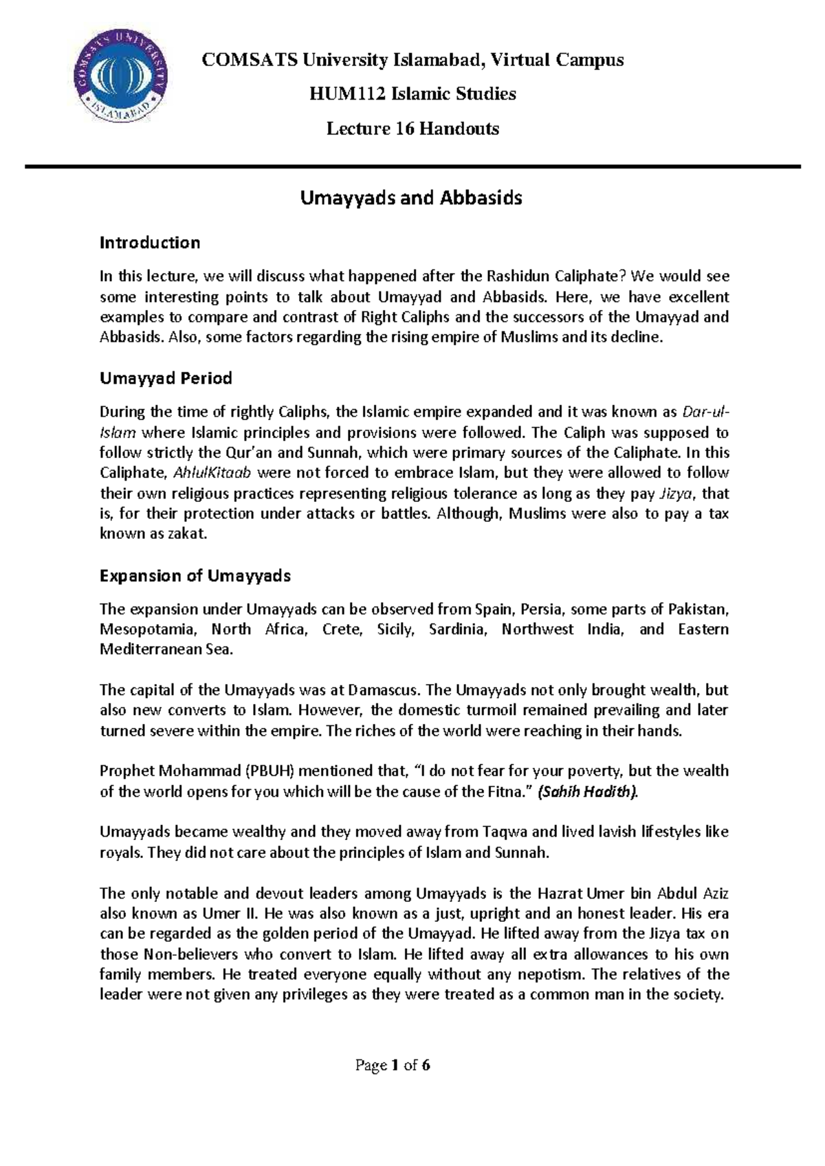 HUM112 Islamic Studies Lecture 16: Umayyads & Abbasids Overview - Studocu