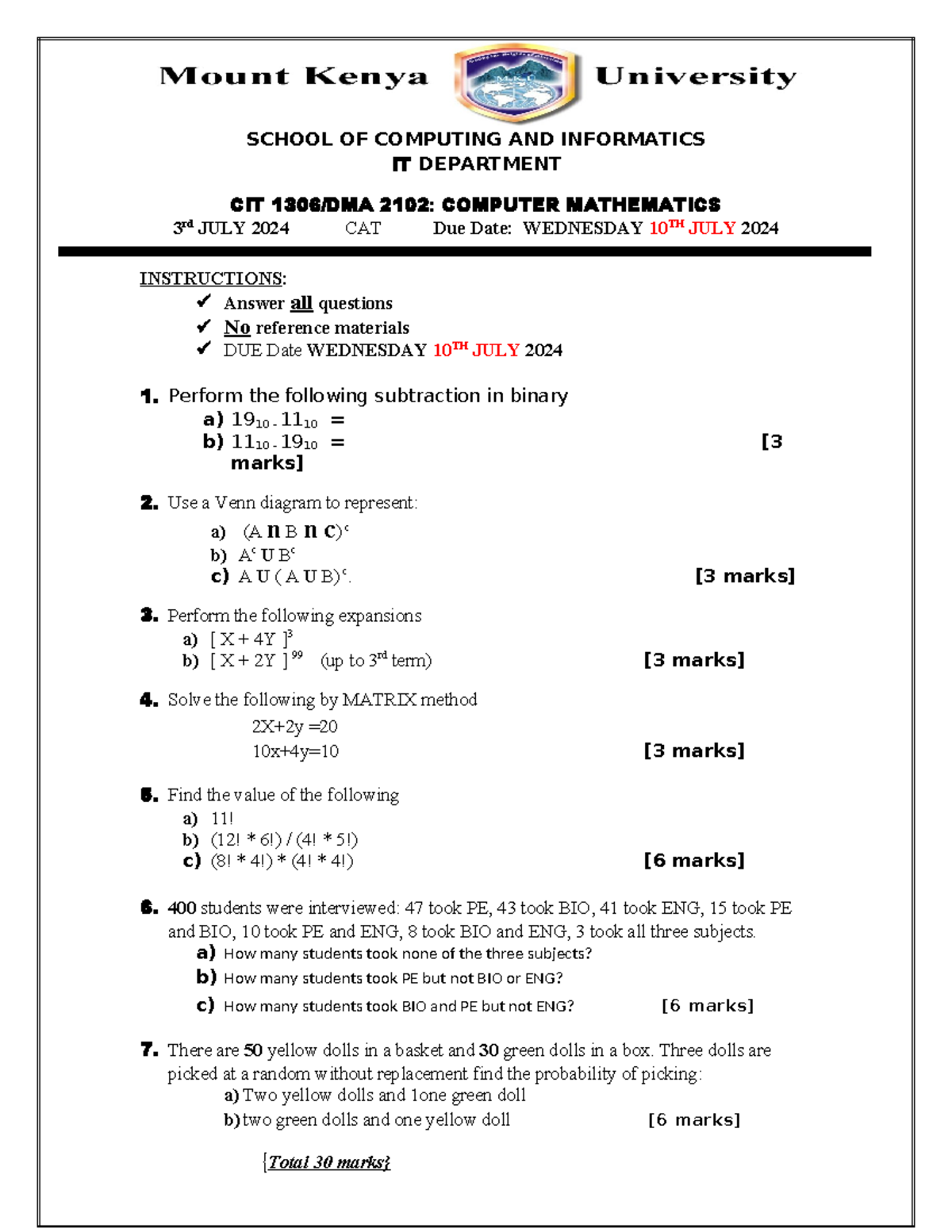 DMA 2102 Computer Maths CAT ASSIGNMENTS ON INFORMATION TECHNOLOGY MAY ...