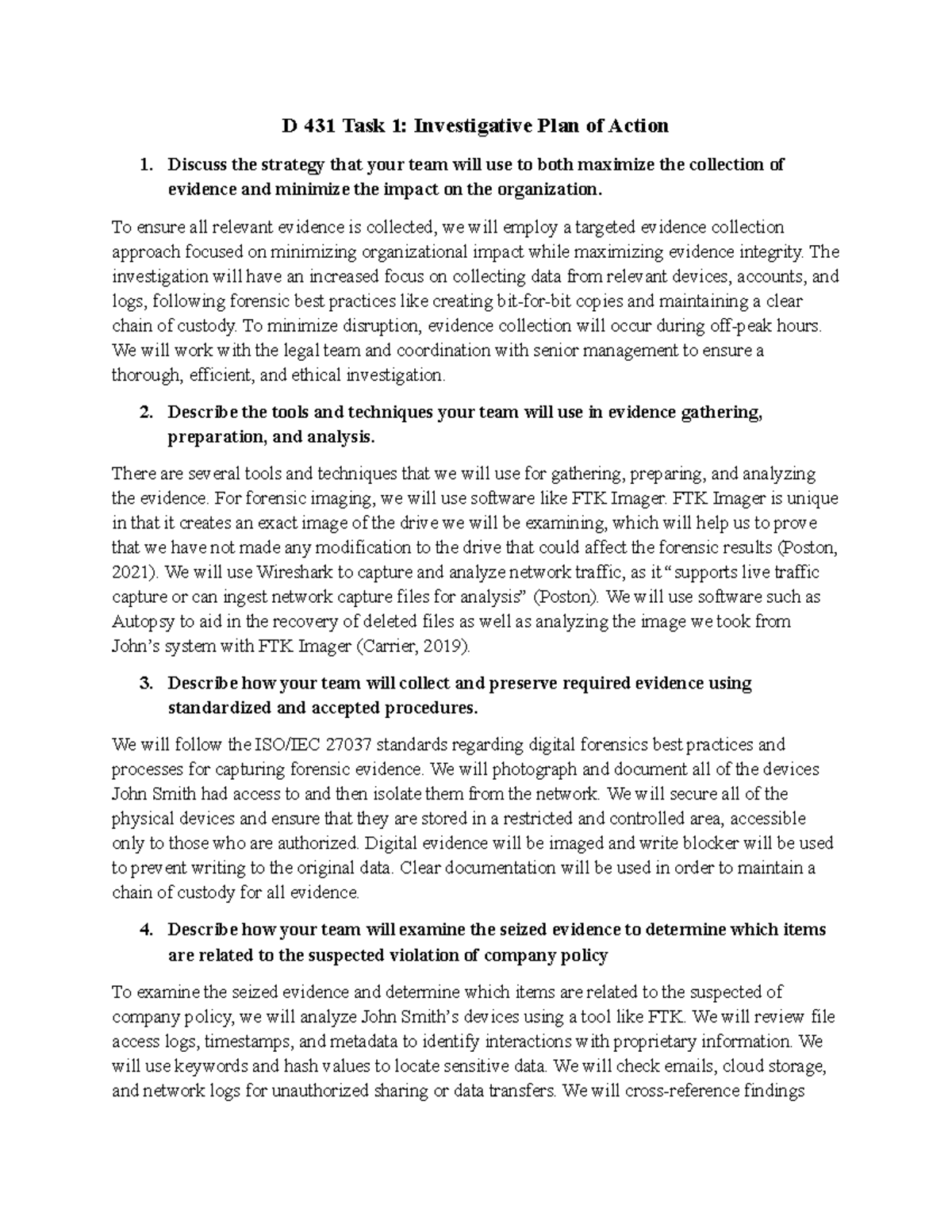 D431 Task 1 - Investigative Plan for Evidence Collection & Analysis ...