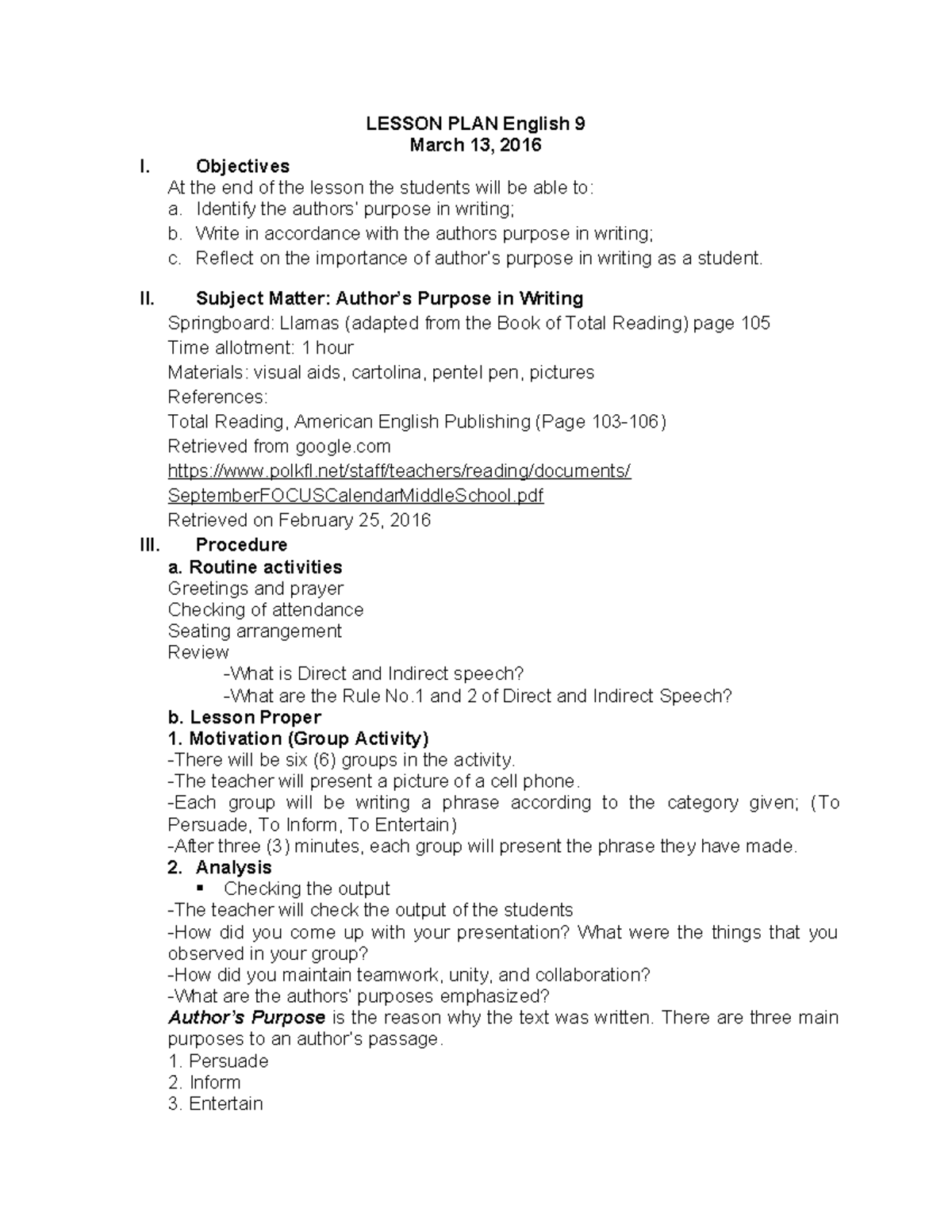 English 9 Lesson Plan: Understanding Author's Purpose - Studocu