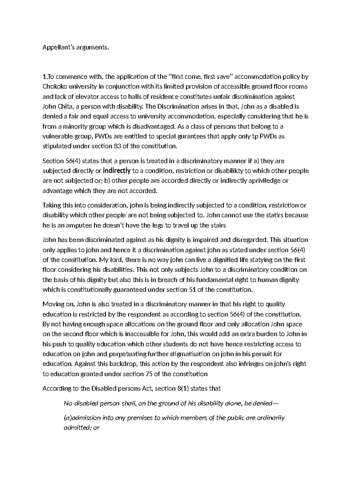 Chokoko University Discrimination Case: Legal Arguments for John Chita ...