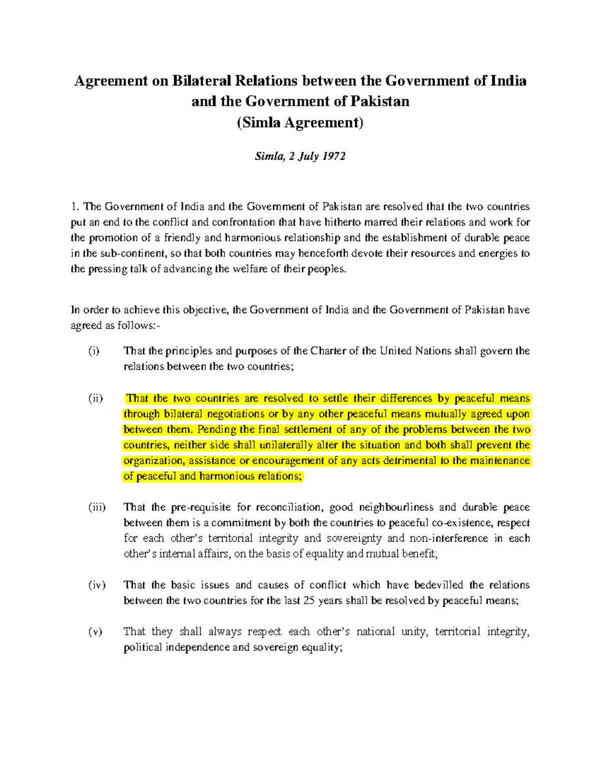 Simla Agreement: Bilateral Relations Between India & Pakistan - Studocu