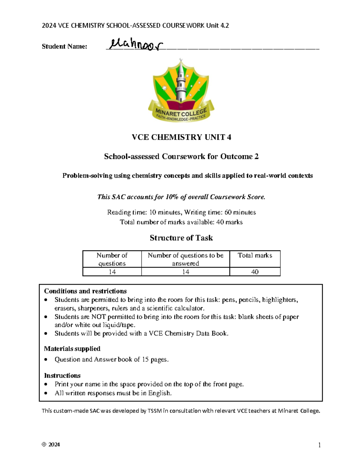 2024 VCE CHEMISTRY UNIT 4 Outcome 2 SAC Assessment Guide - Studocu