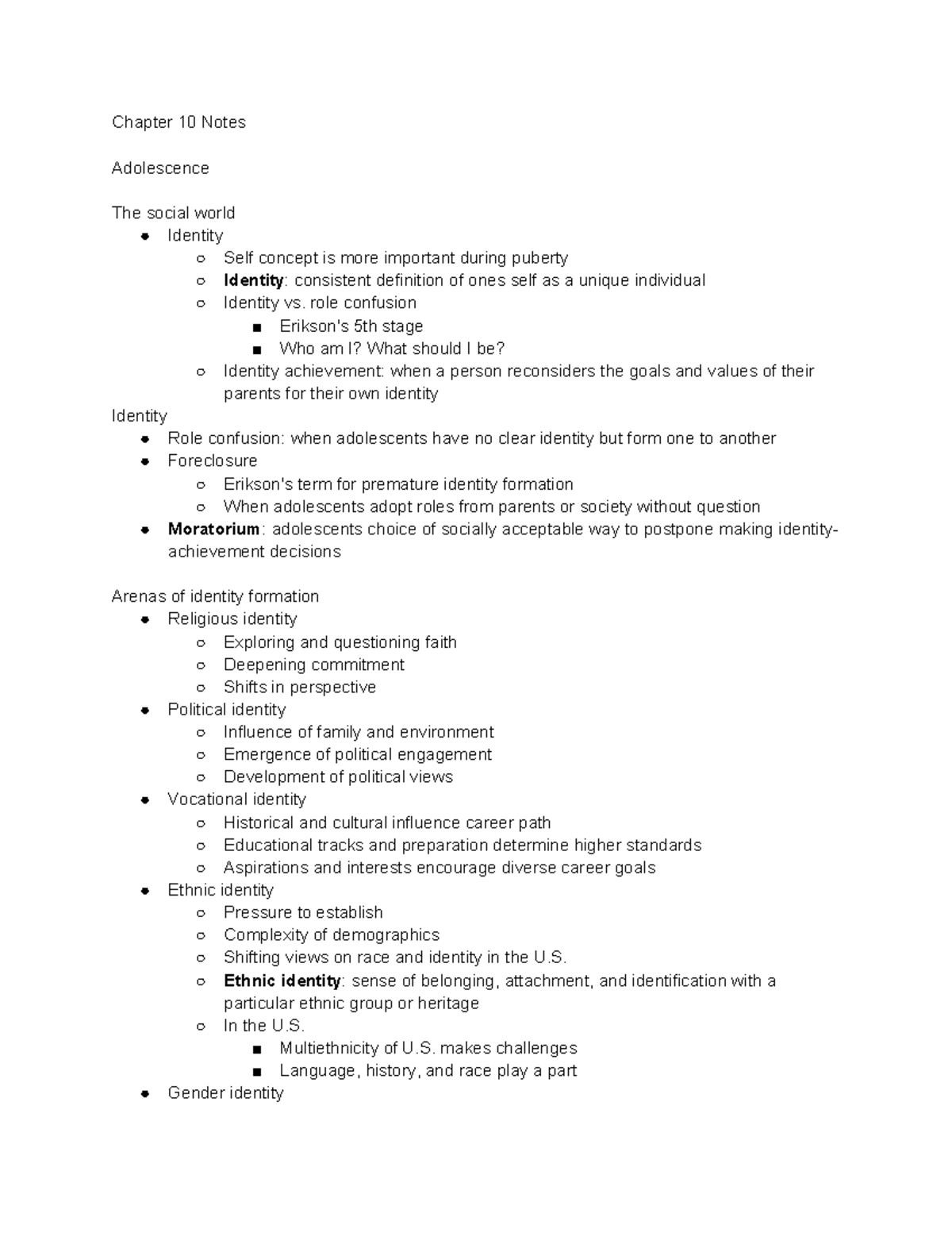 Adolescence PSY 101: Chapter 10 Notes on Identity & Relationships - Studocu