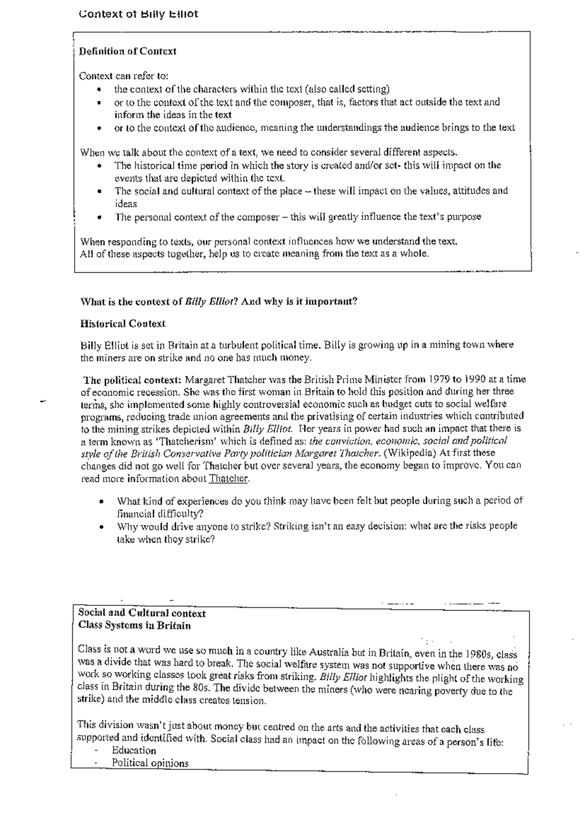 Contextual Analysis of Billy Elliot: Historical & Social Factors - Studocu