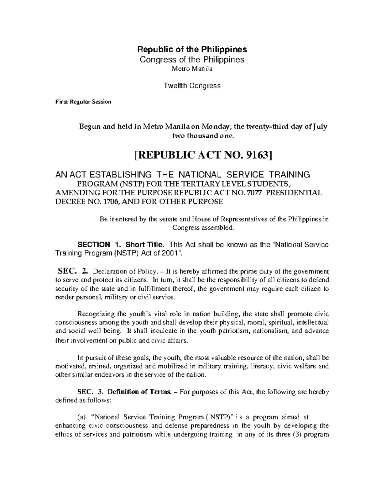 NSTP Act: Establishing the National Service Training Program - Studocu