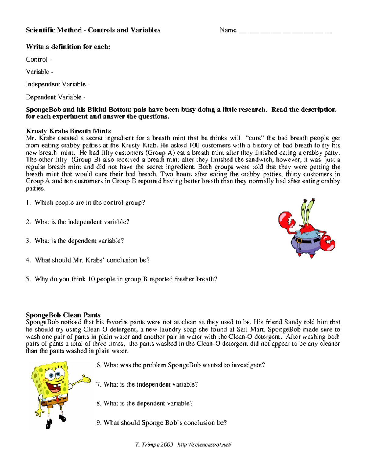 Grade 8 sponge Bob - science - Scientific Method - Controls and ...