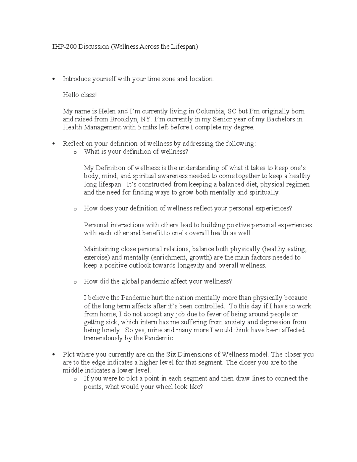 IHP-200 Wellness Across the Lifespan - Module 1 Assignment Reflection ...
