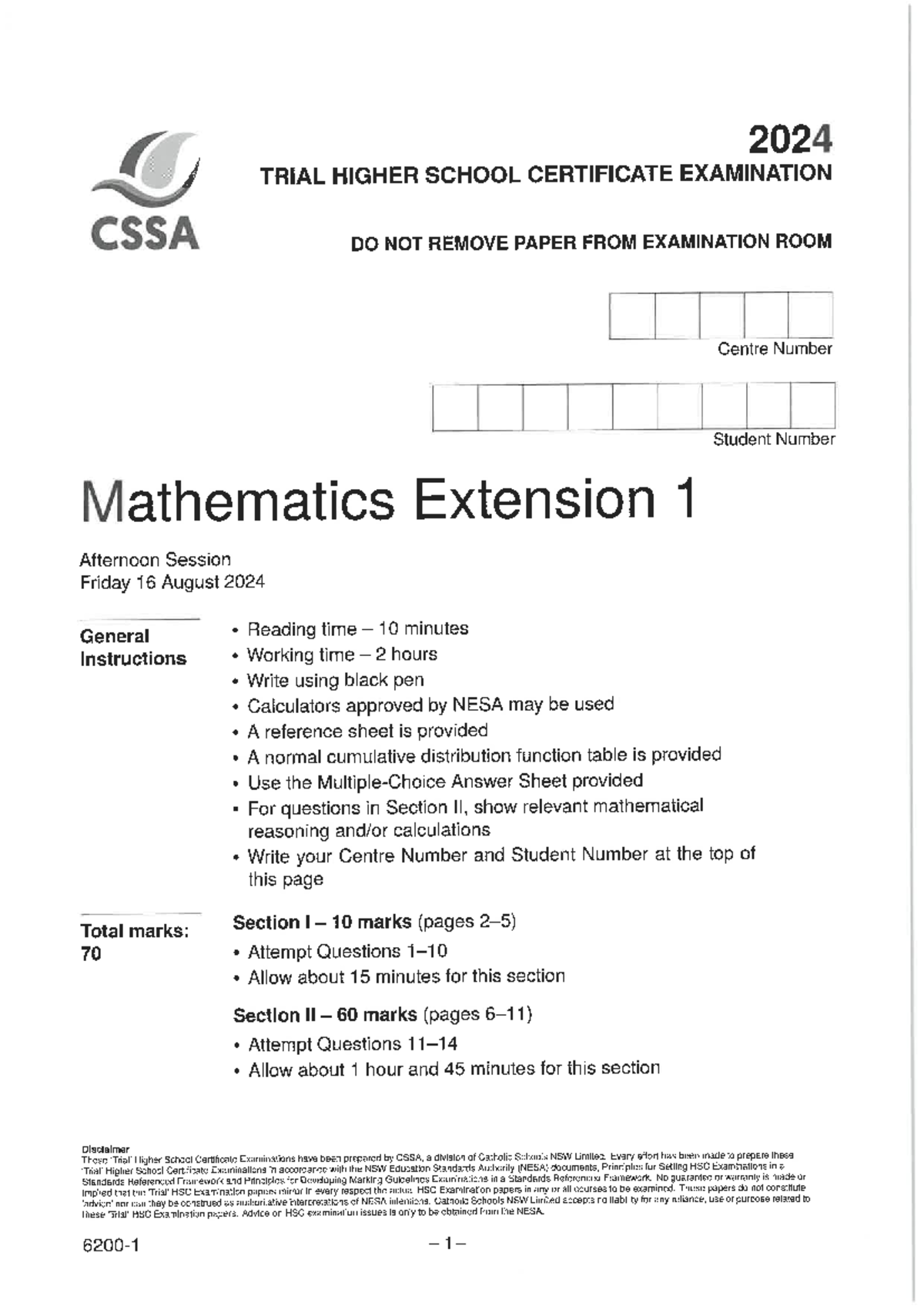 2024 CSSA Mathematics Extension 1 Trial Exam and Solutions - Studocu