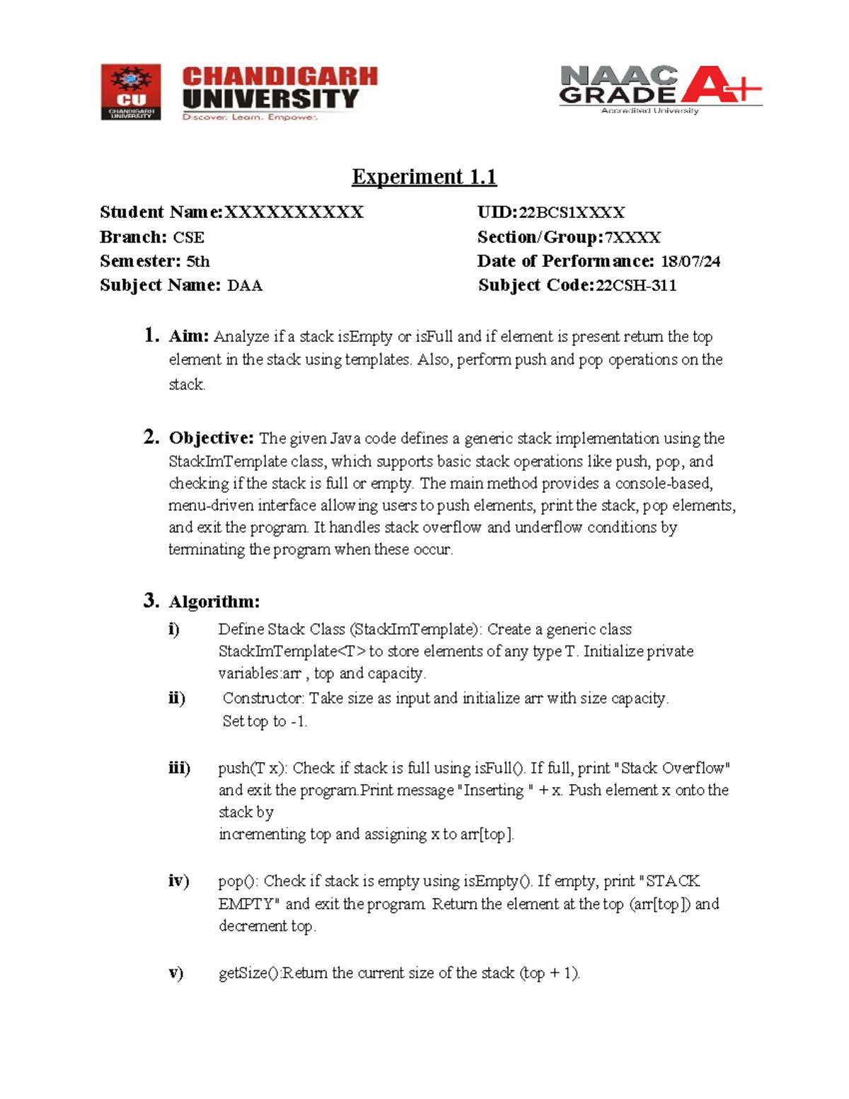 DAA 1st Worksheet: Stack Operations Implementation and Analysis - Studocu