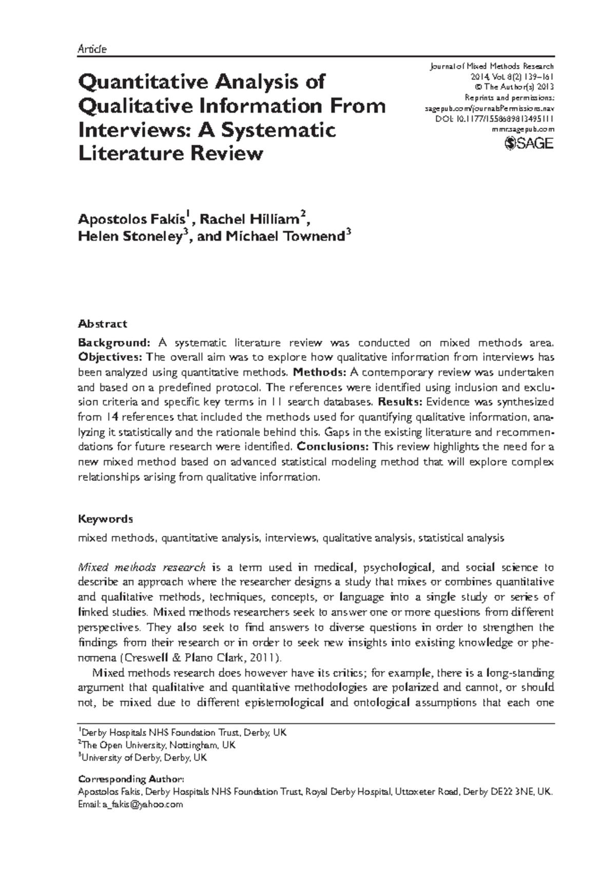 Interview - Article Journal of Mixed Methods Research 2014, Vol. 8(2 ...