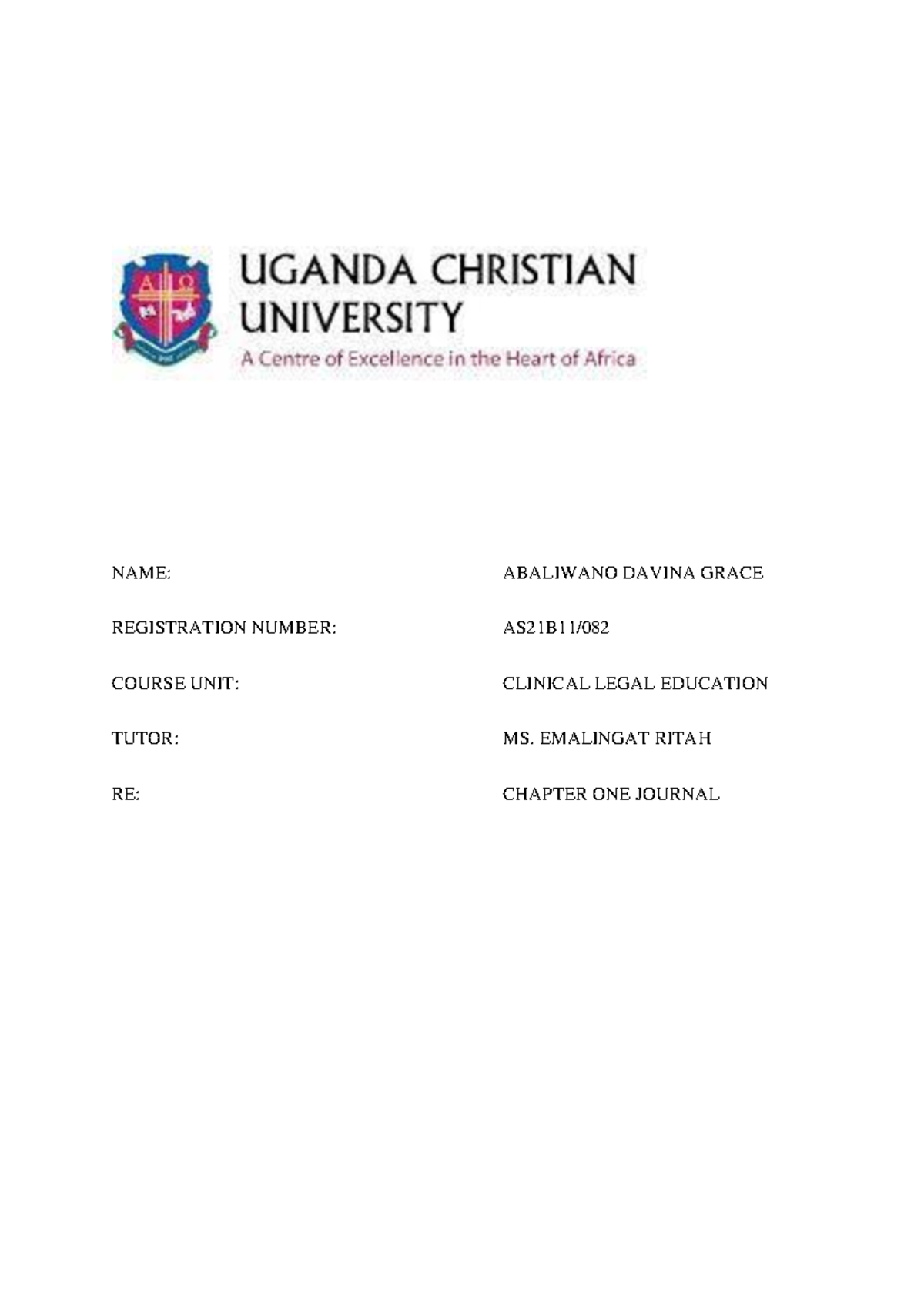 Abaliwano Davina Grace'S Chapter ONE Journal OF Stream A Group B - NAME ...