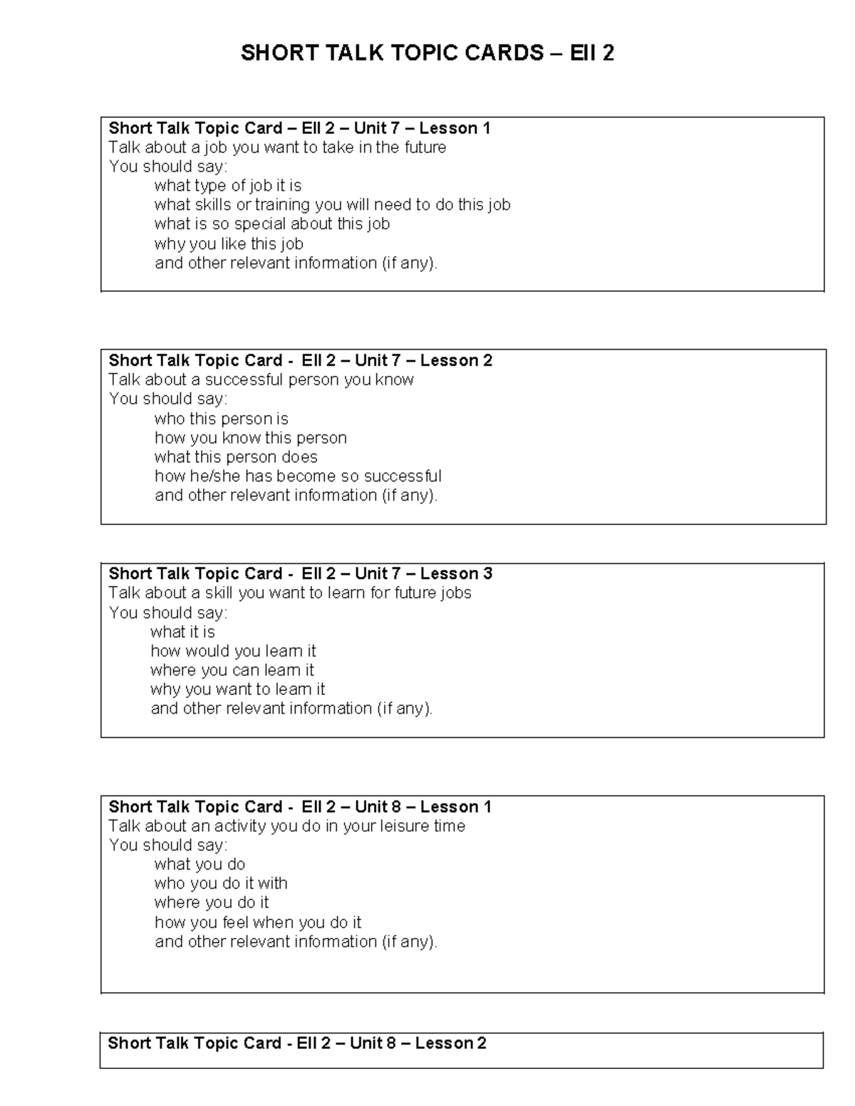 [EII 2] Comprehensive Short Talk Topic Cards for Final Oral Assessment ...