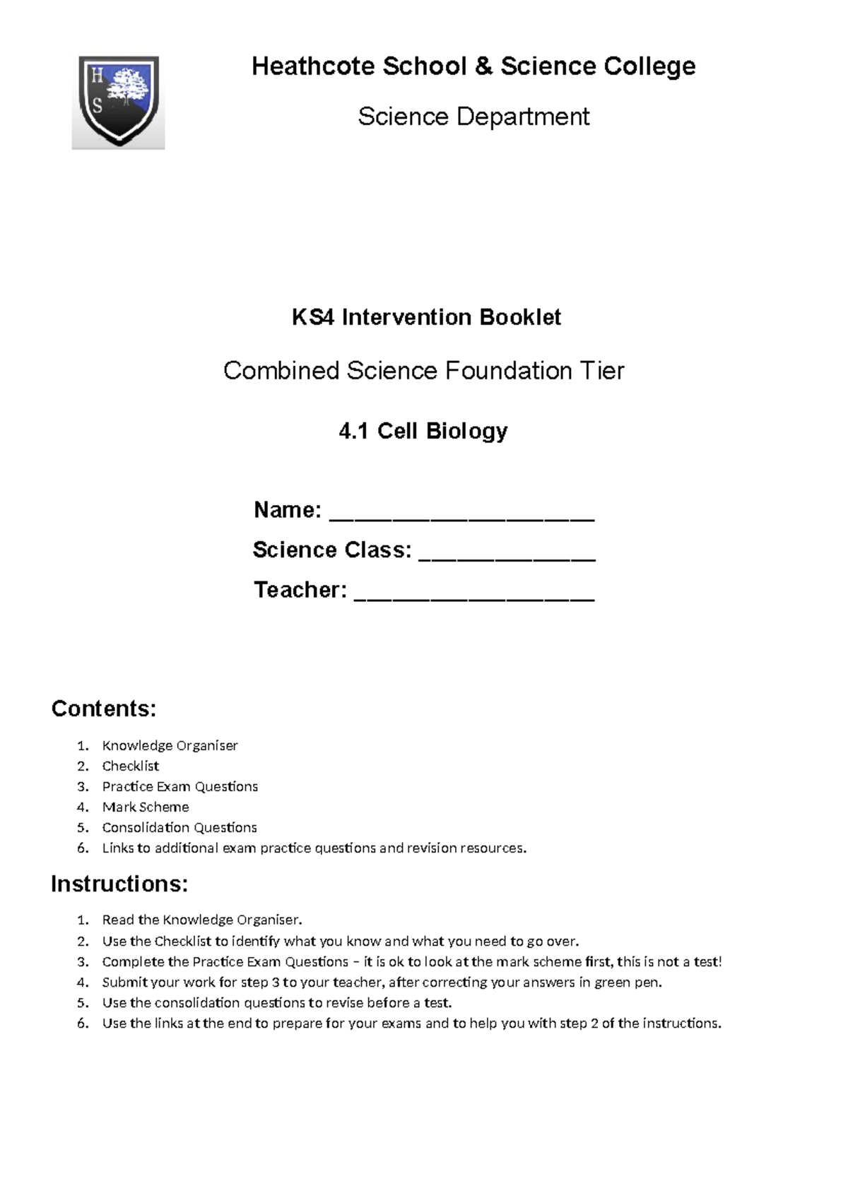 KS4 Combined Science Foundation Intervention Booklet – Cell Biology 4 ...