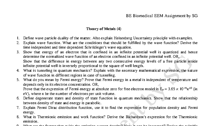 EEM Assignment: Theory of Metals & Quantum Mechanics Concepts - Studocu