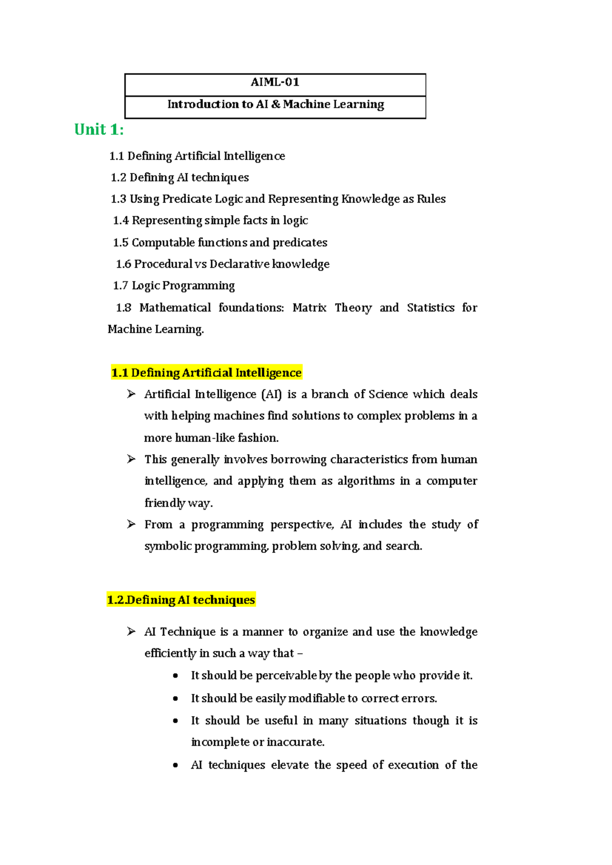 AIML-01 Lecture Notes: Introduction to AI & Machine Learning - Unit 1 ...