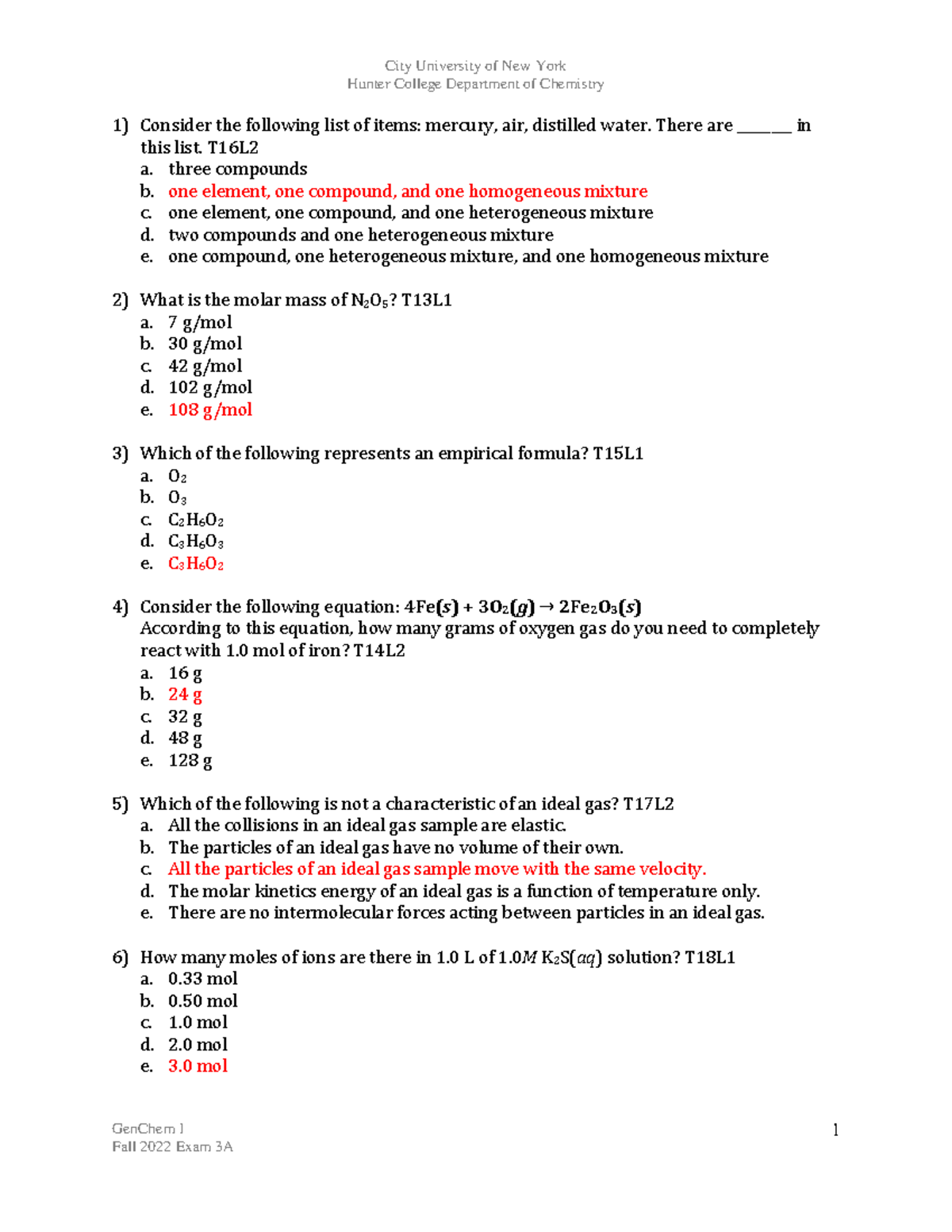 GenChem I 102F22 Exam 3A Key & Solutions - Studocu