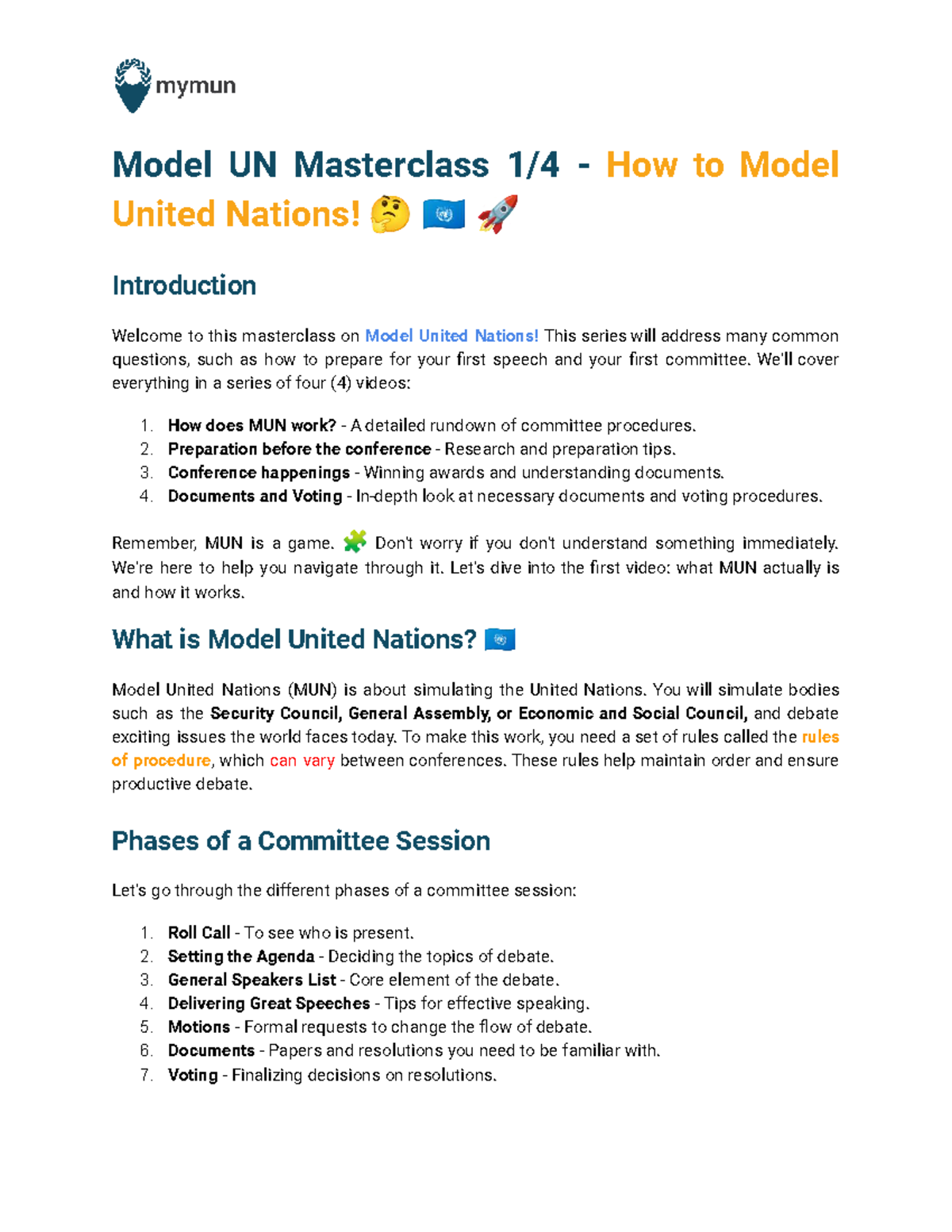 Model UN Masterclass: A Guide to MUN Procedures and Tips - Studocu