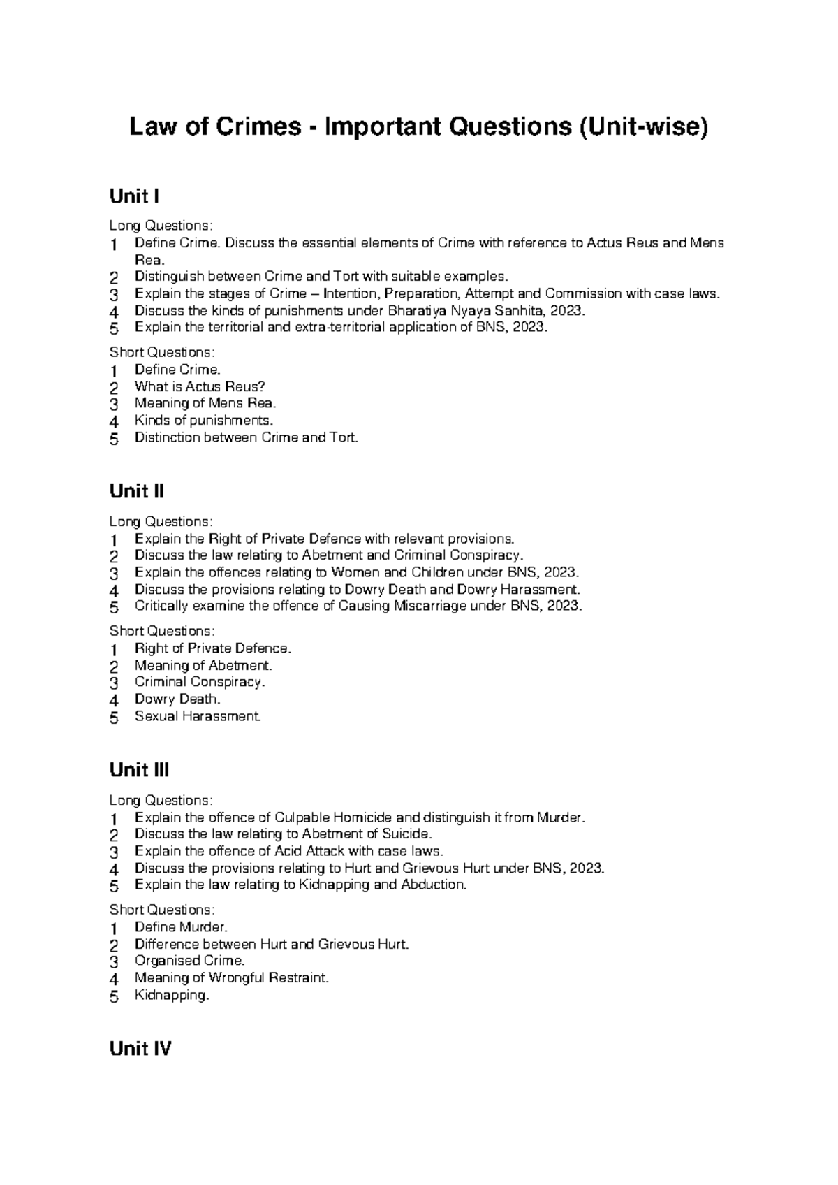 Law of Crimes Important Questions (BNS, 2023) - Units I-IV - Studocu