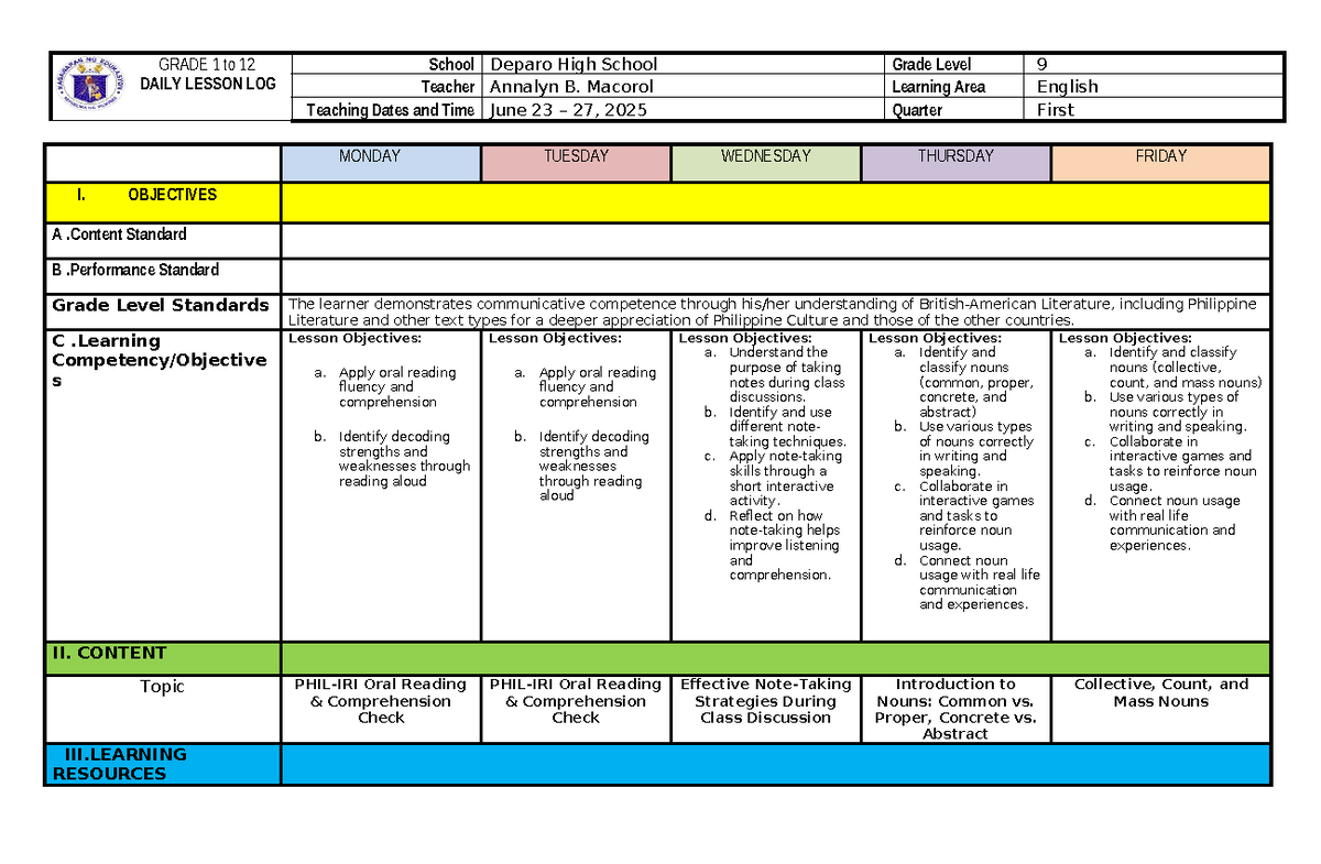 G-9-DLL Q1-Week-2: Daily Lesson Plan for Grade 9 English - Studocu