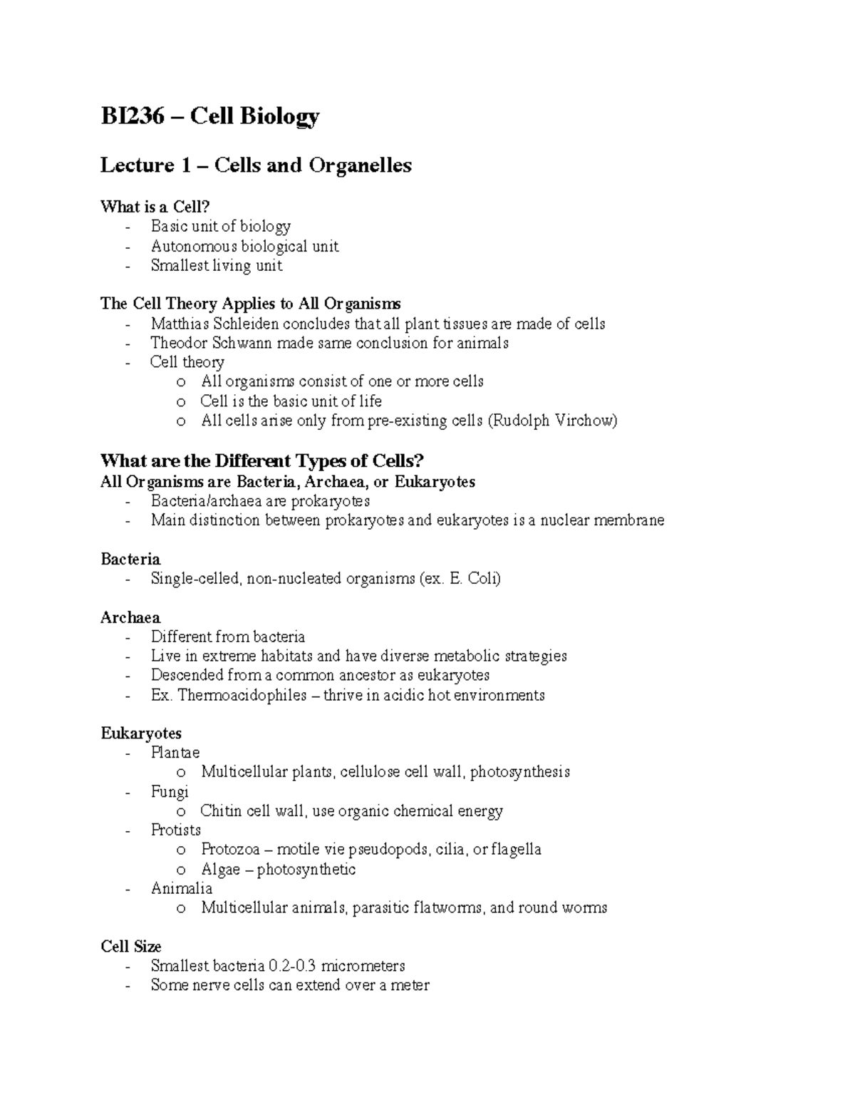 BI236 - Cell Biology - Comprehensive Lecture Notes for Success - Studocu