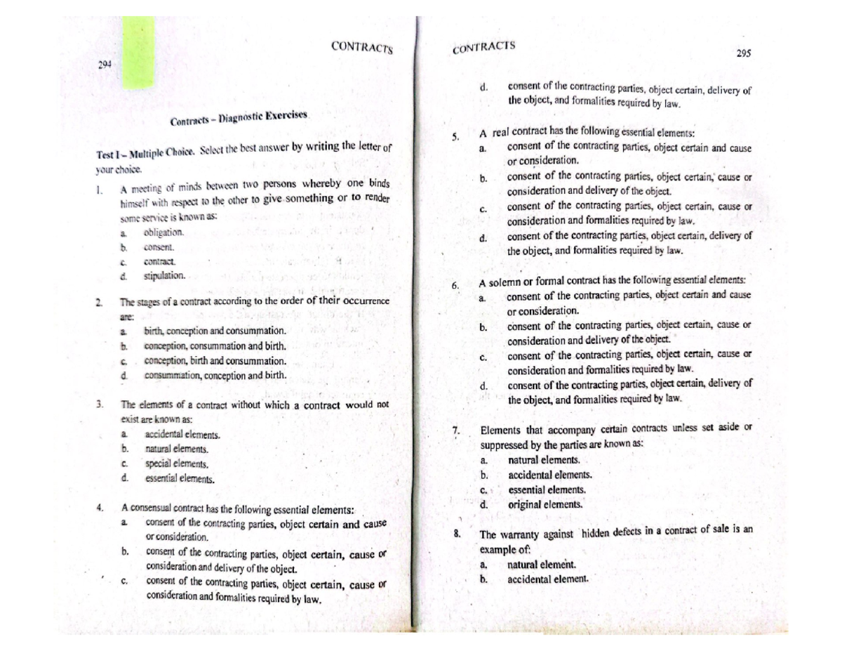 Oblicon- Contracts Diagnostic Exercises & Key Concepts Study Guide - Studocu