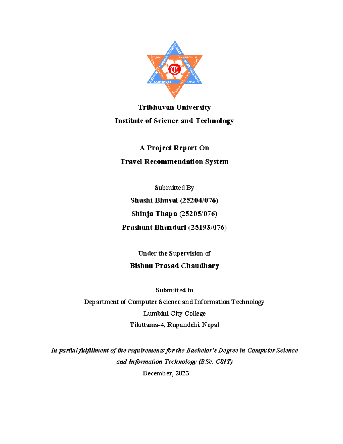 Travel Recommendation System Project Report - BSc. CSIT 2023 - Studocu