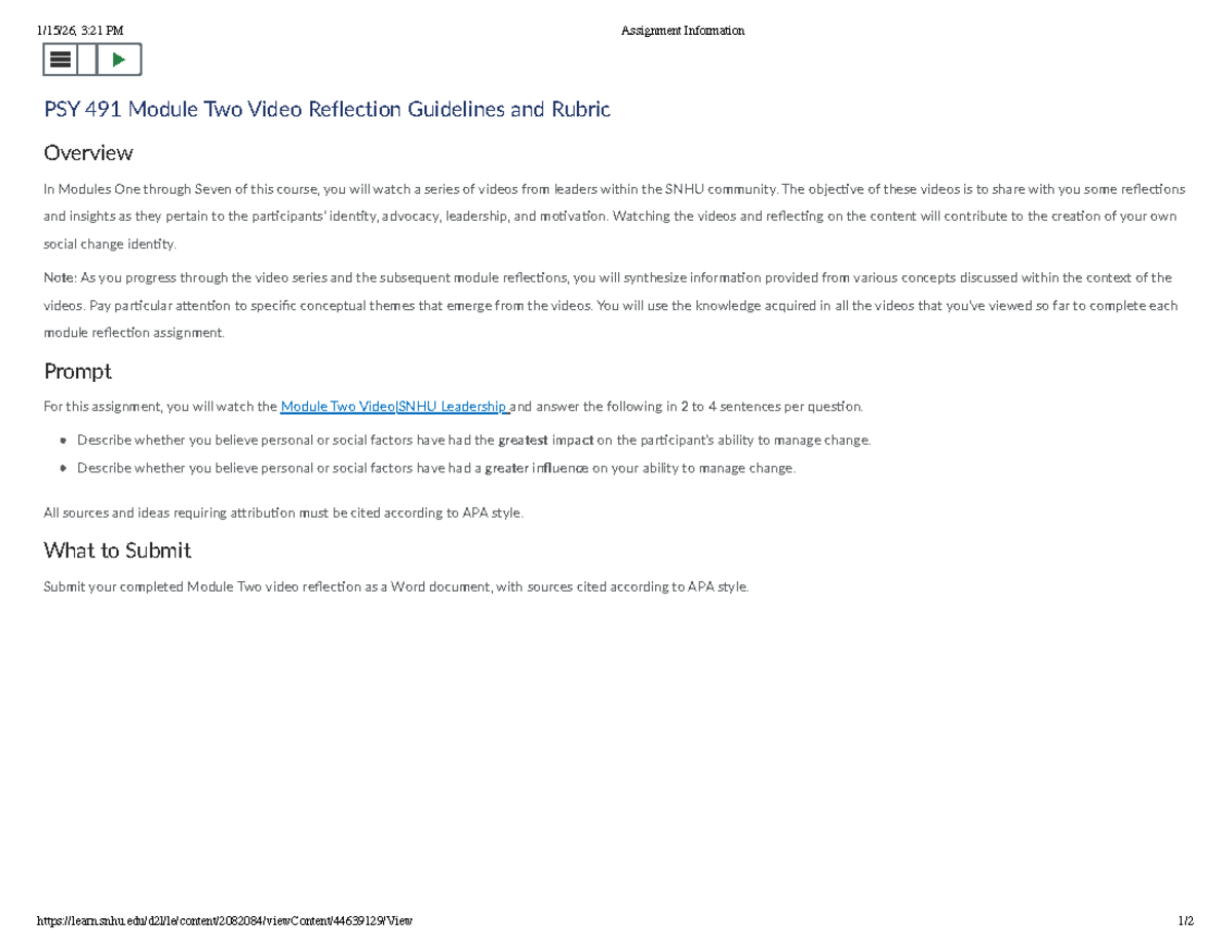 PSY 491 Module Two Video Reflection Guidelines & Rubric - Studocu