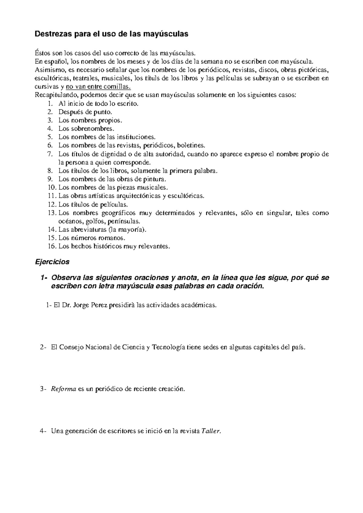 Ejercicios y Normas del Uso de Mayúsculas en Español - Studocu