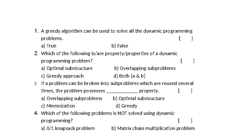 DAA MID 2 Quiz Practice: Dynamic Programming Concepts - Studocu