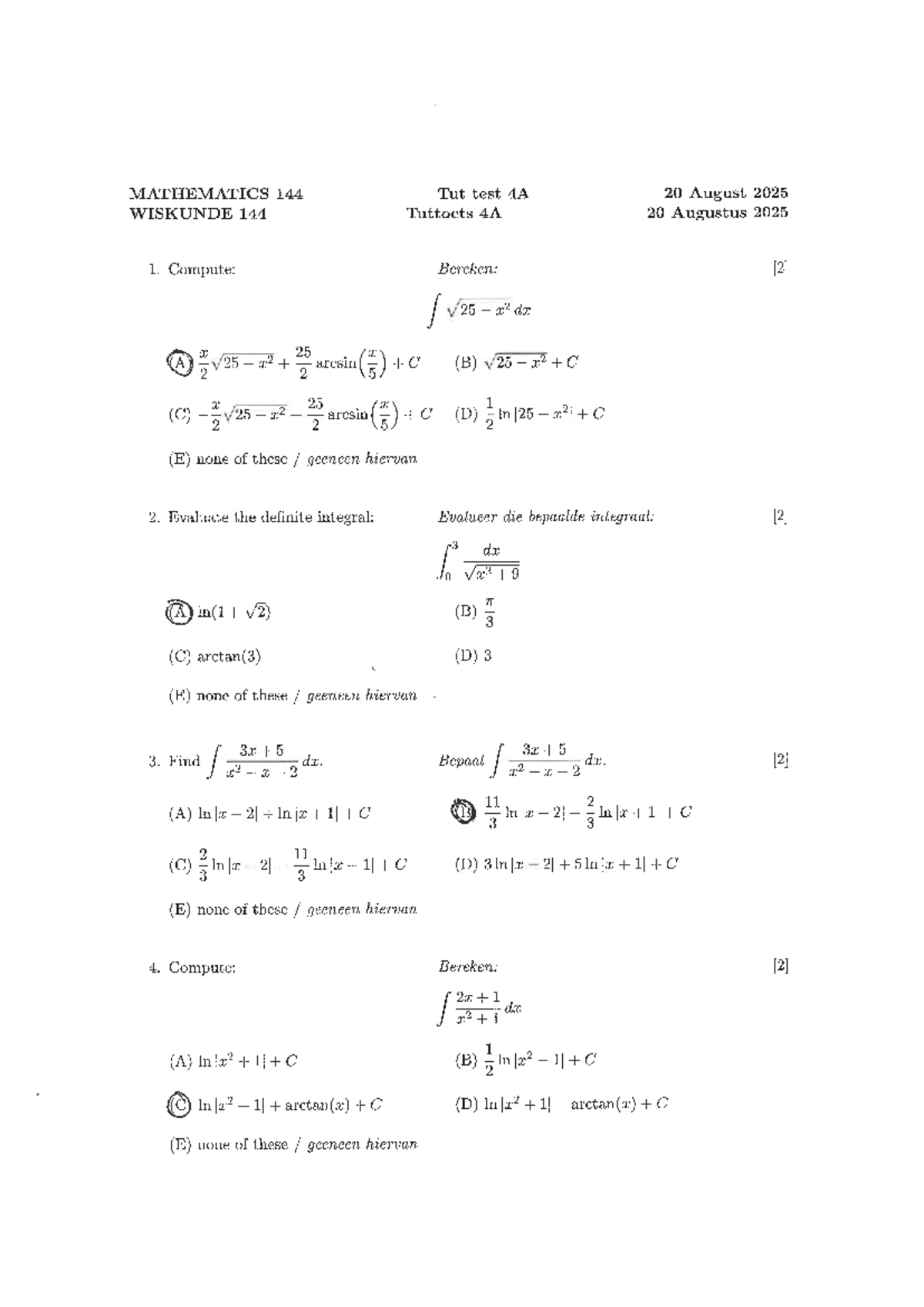 MATHEMATICS 144 Tut Test 4A Memo - 20 August 2025 - Studocu