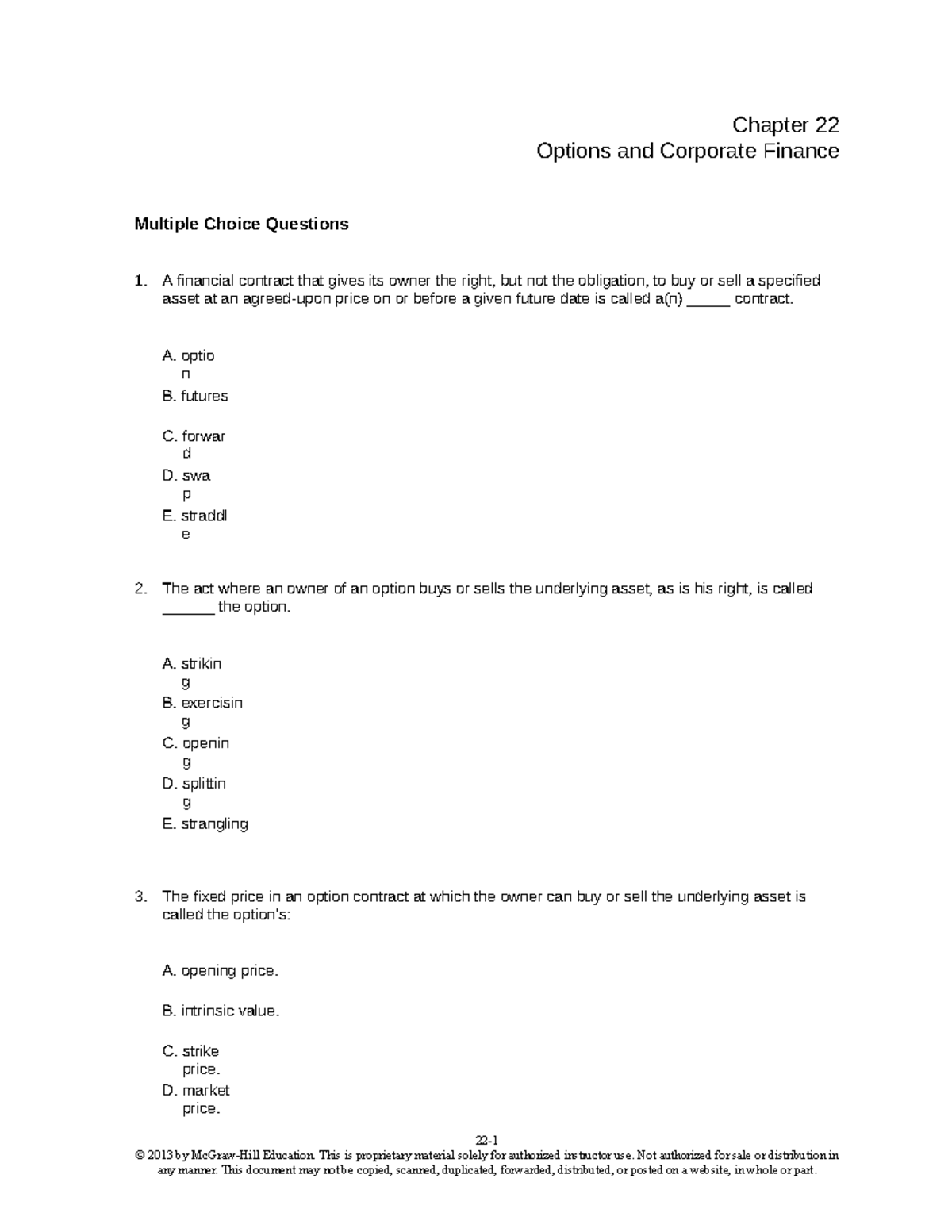 Chapter 22: Options & Corporate Finance MCQs (TBChap 022-1) - Studocu