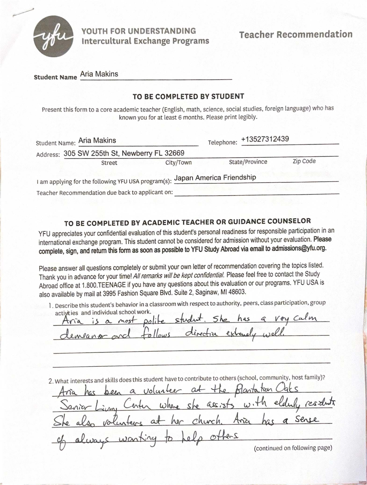 YFU Teacher Recommendation for Aria Makins - Intercultural Exchange ...