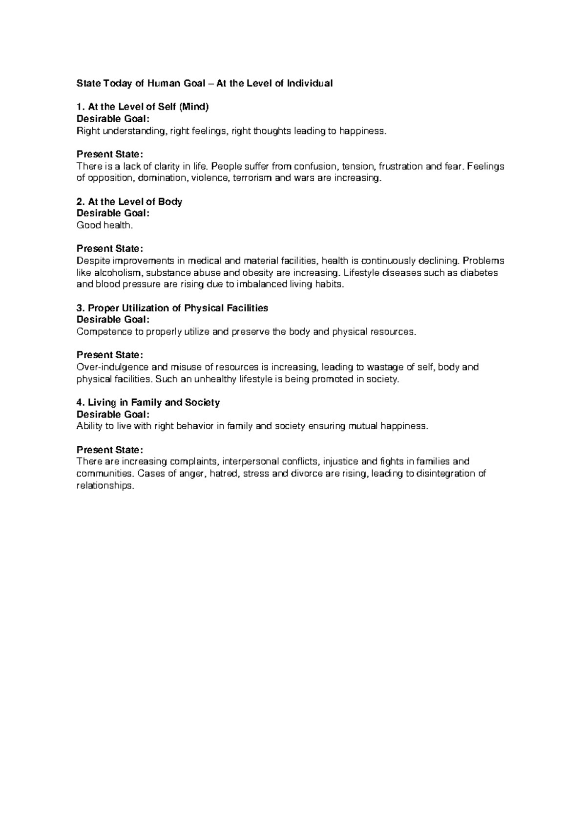 State of Human Goals at Individual Level: Current Challenges and ...