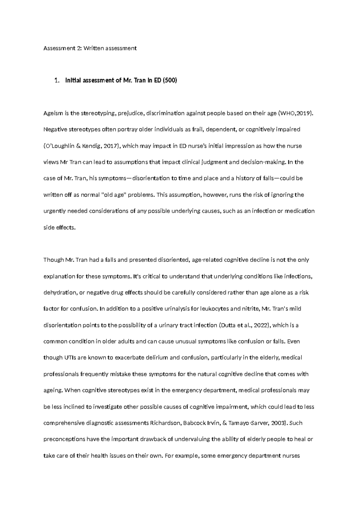 Assessment 2: Written Assessment on Ageism and Fall Risks in Mr. Tran ...
